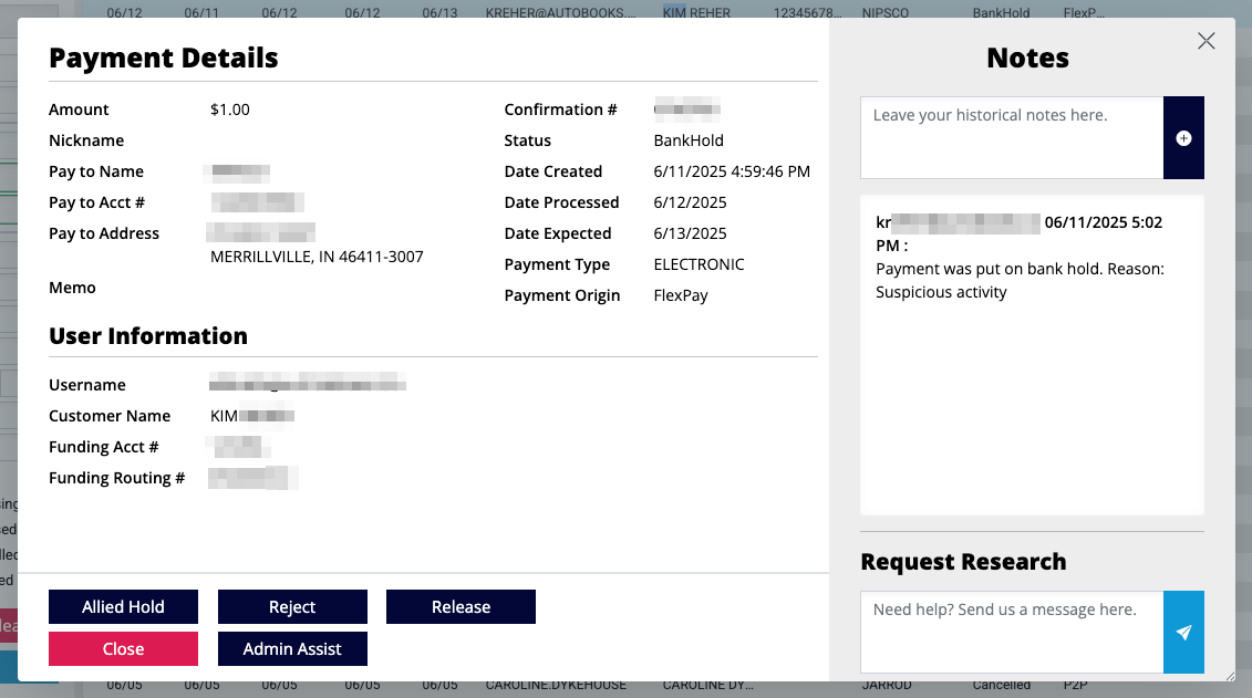 Rejecting a bill pay payment